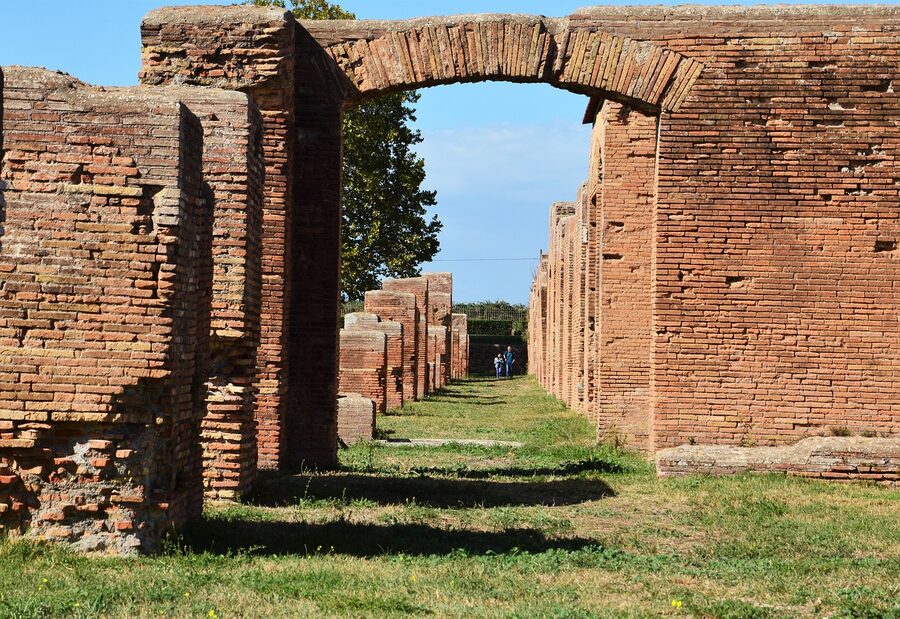 Ancient brown brick monument at Ostia Antica