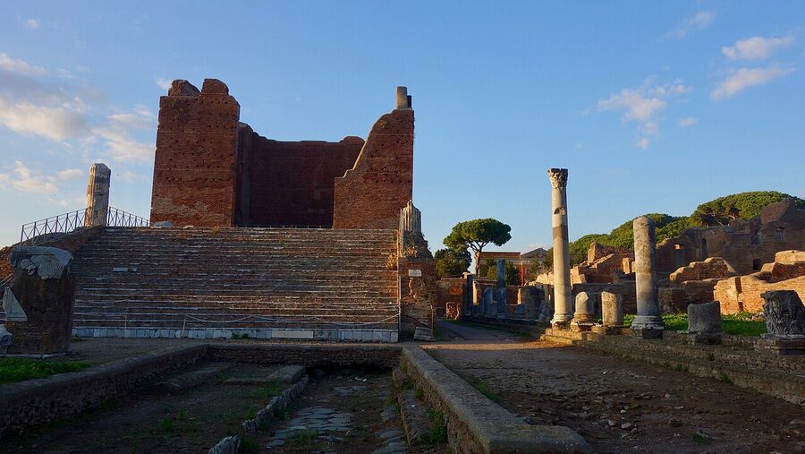 The Forum at Ostia Antica with brick walls and ruins