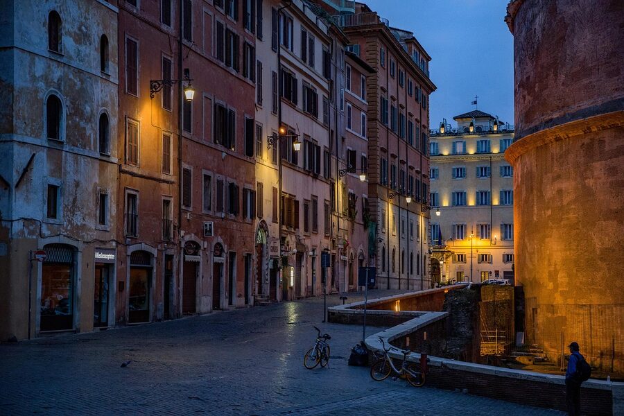Cobblestone street near the Pantheon Rome at dawn