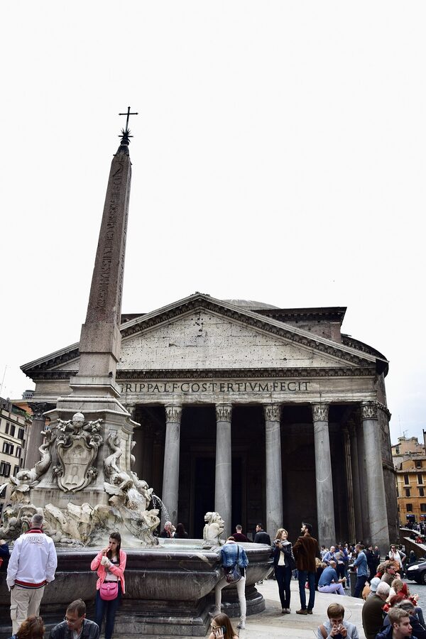 Pantheon and Fontana del Pantheon in Rome from across the square