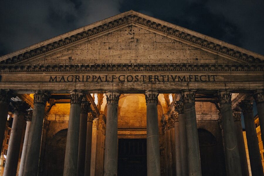 Pantheon Rome facade illuminated at evening