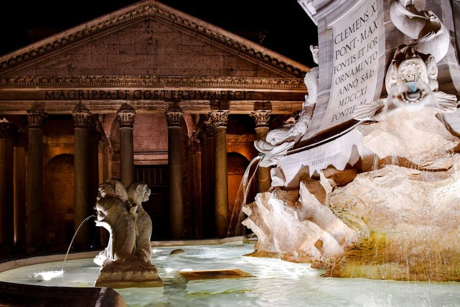 Pantheon Rome at night with fountain illuminated