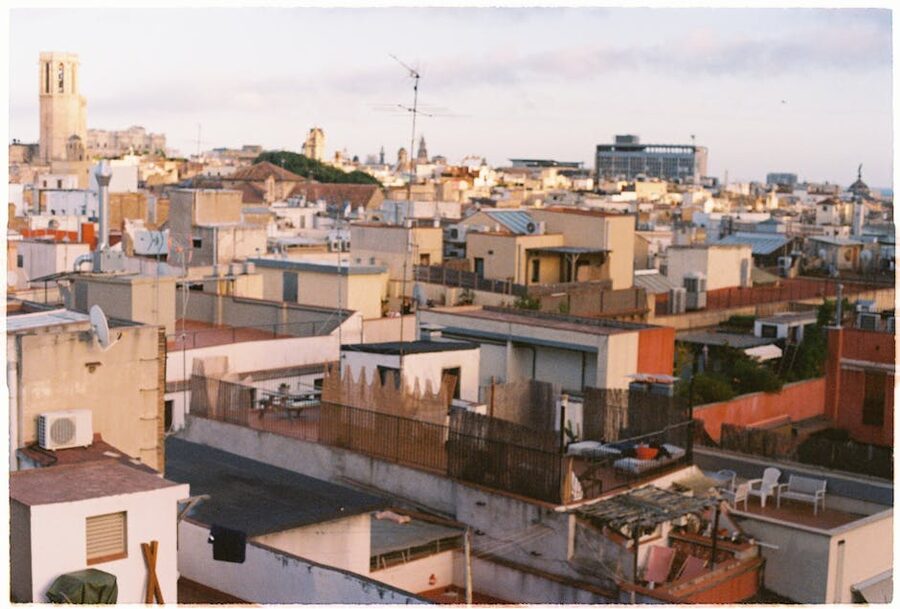 Aerial view of Barcelona rooftops near Park Guell