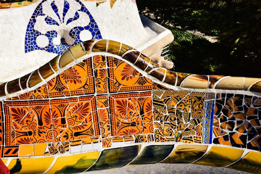 Park Guell decorative mosaic bench close detail
