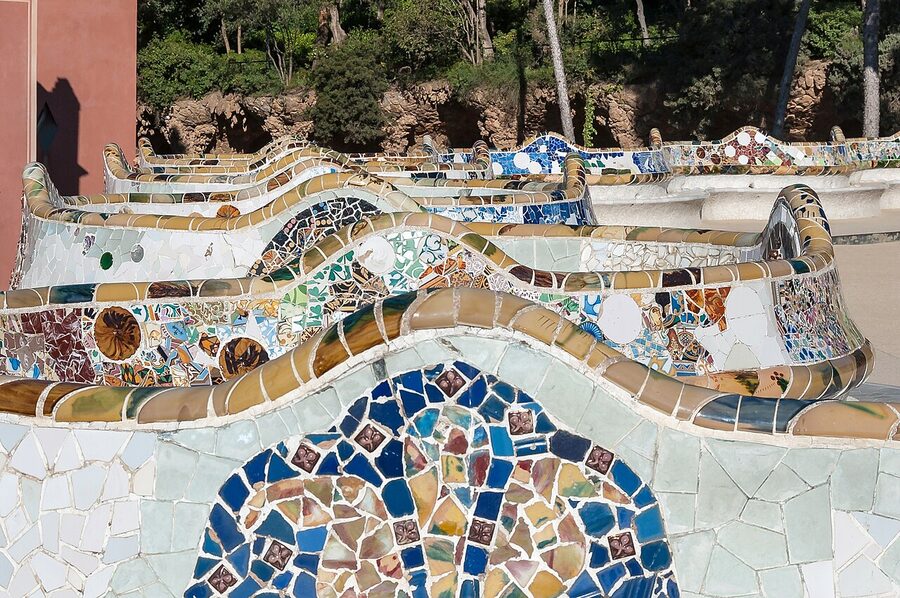 Serpentine mosaic bench detail at Park Guell
