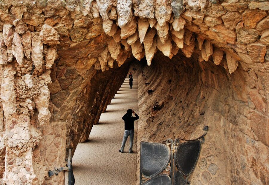 Stone arches and tunnel walkway at Park Guell
