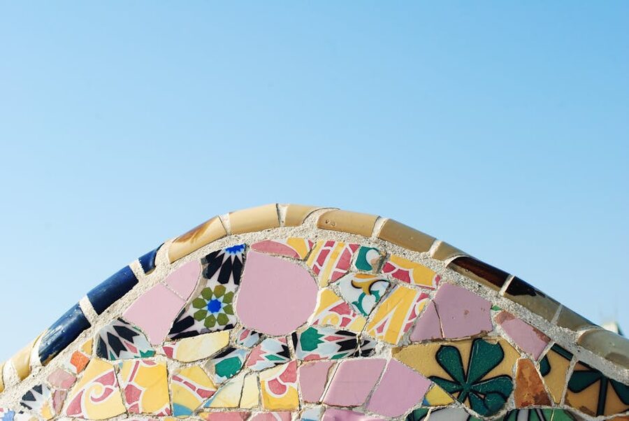 Trencadis mosaic close up at Park Guell Barcelona