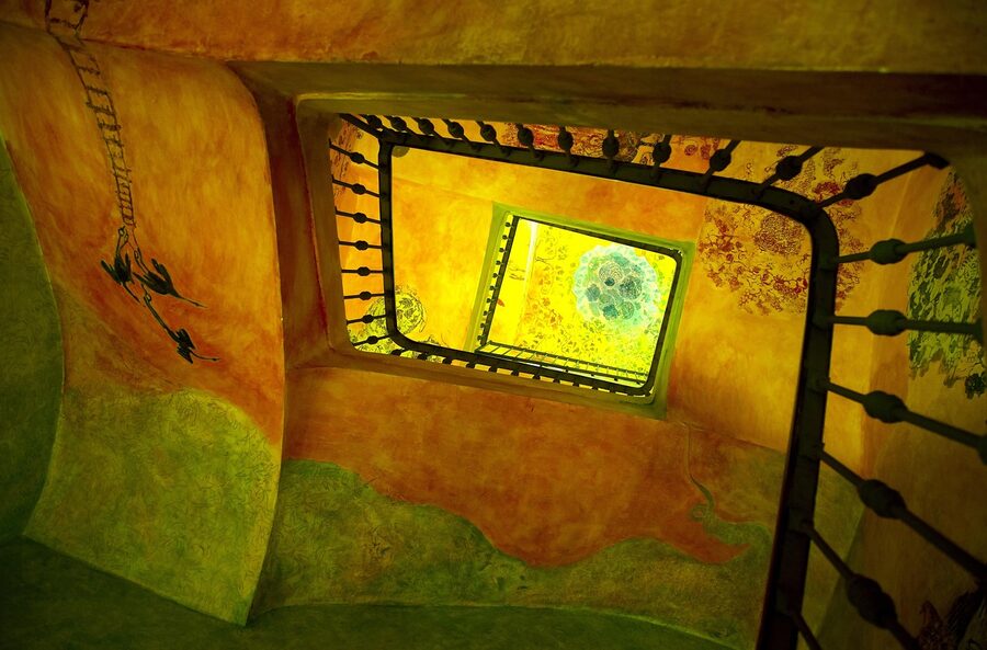 Stone stairs descending through a Catalonia vineyard near Barcelona in autumn colours