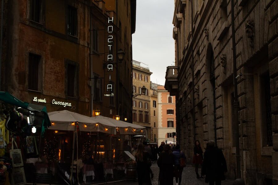 Italian street with evening restaurants, Rome