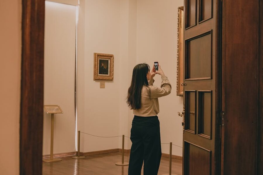 Visitor in a quiet art gallery looking at artwork