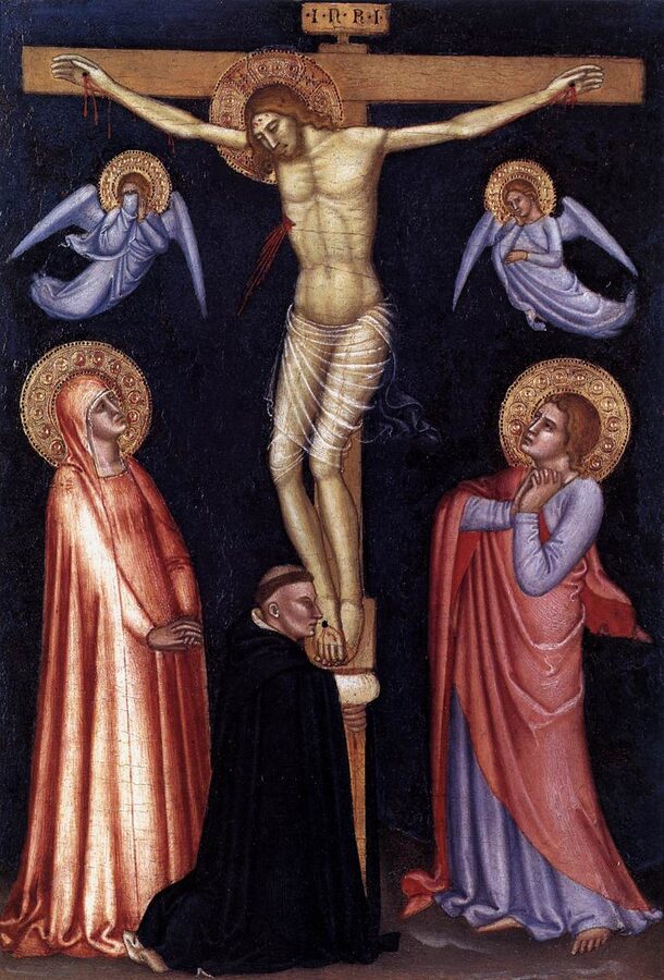 A medieval painting of the Crucifixion in the Pinacoteca Vaticana