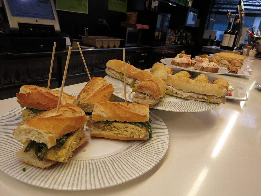 Pintxos bar counter spread in Donostia San Sebastian