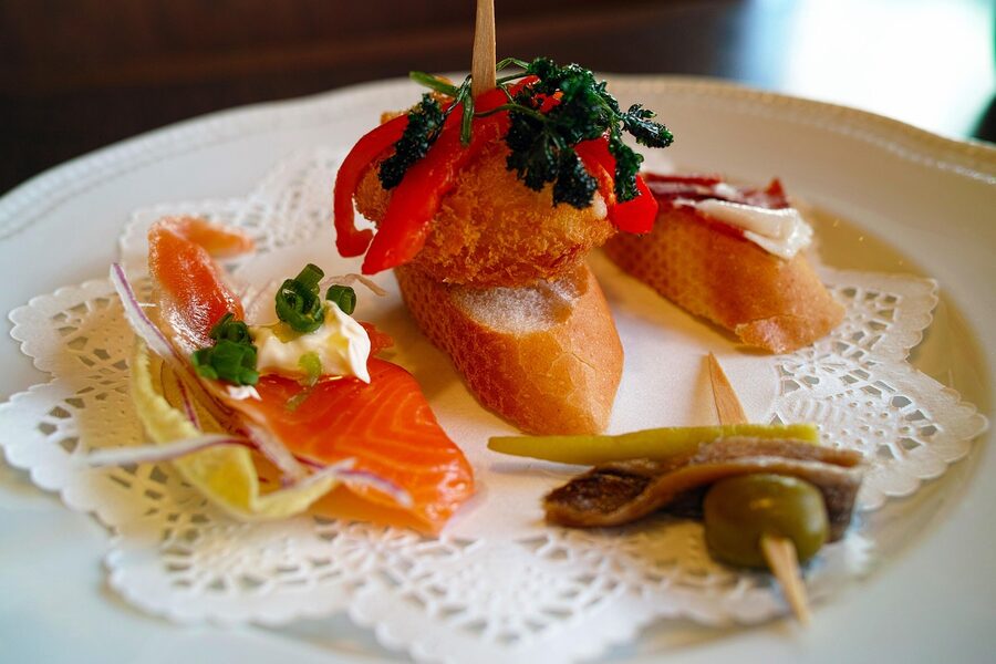 Gourmet pintxos plate at a San Sebastian restaurant