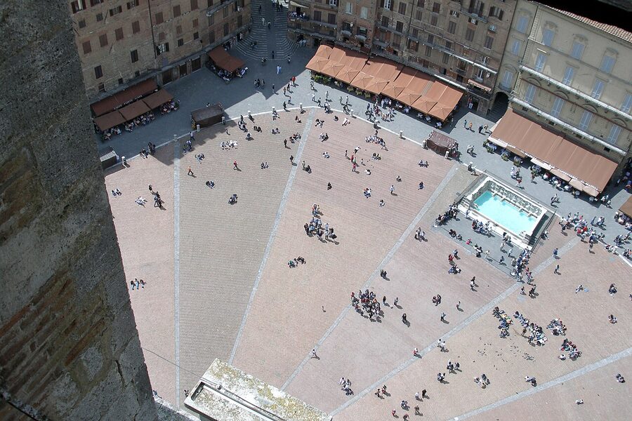 Aerial view of Piazza del Campo from the Torre del Mangia