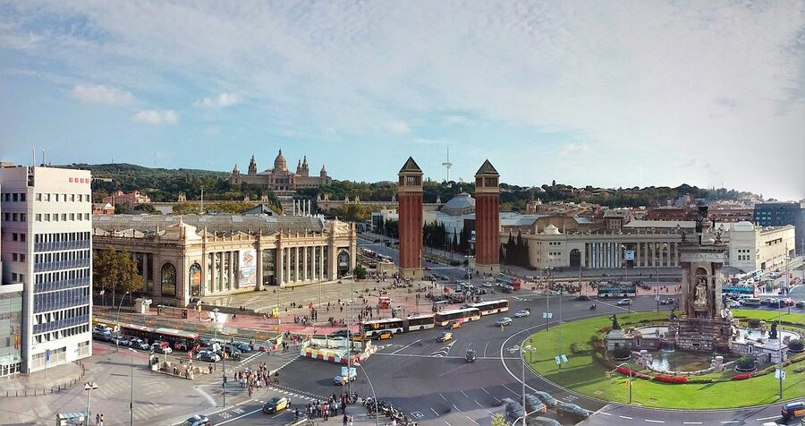 Plaça Espanya Barcelona with Venetian Towers and MNAC behind