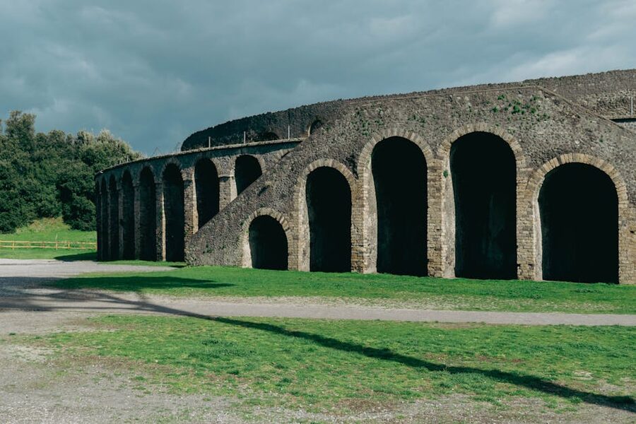 Wide view of the ancient amphitheatre at Pompeii