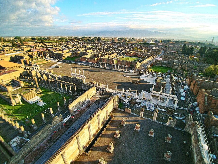 Aerial drone view of the Forum of Pompeii