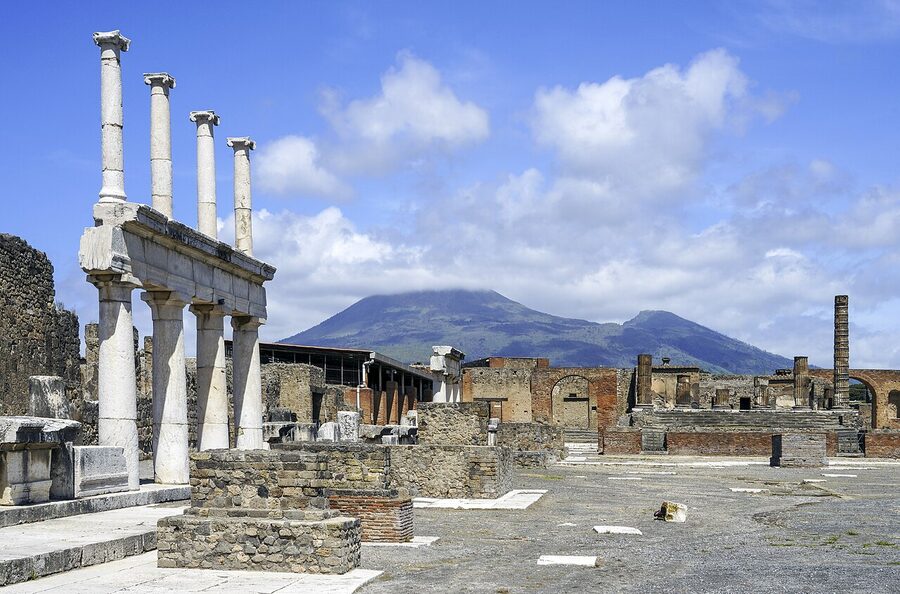 Pompeii Forum with Mount Vesuvius behind the temple columns