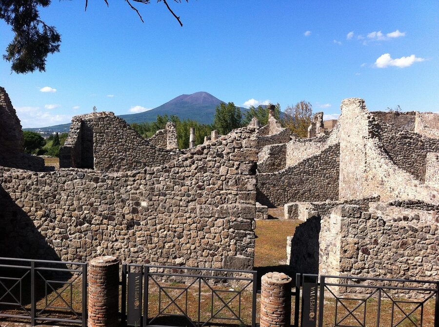 Pompeii archaeological site with Vesuvius in the background