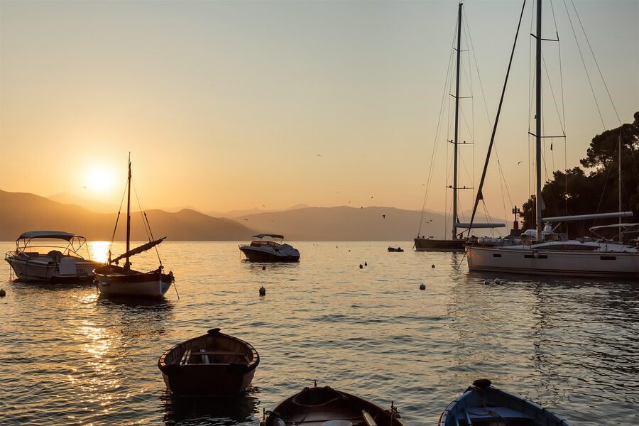 Portofino at sunset over the Ligurian sea