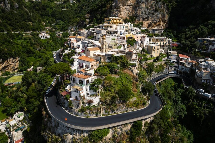 Amalfi Coast winding road aerial view