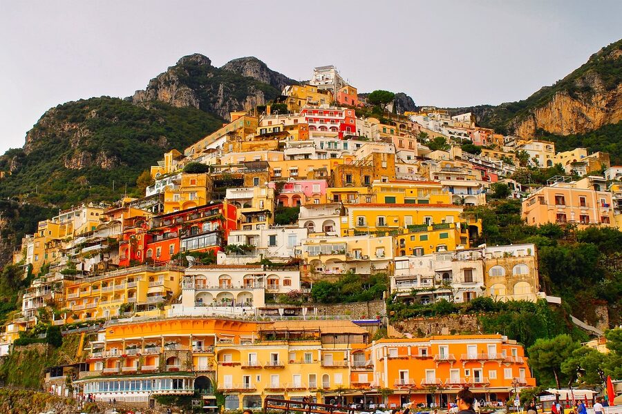 Positano colorful town houses overlooking Italian sea