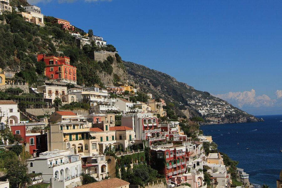 Positano shore with traditional fishing boats
