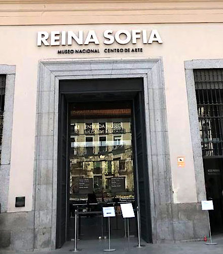 Reina Sofia Museum front gate with glass elevators in Madrid