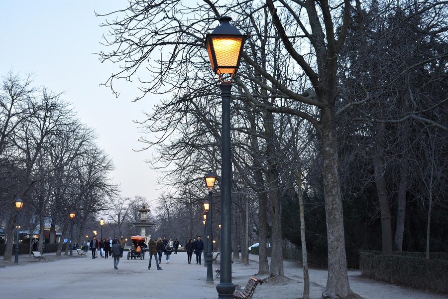 Retiro Park Madrid lit up in the evening