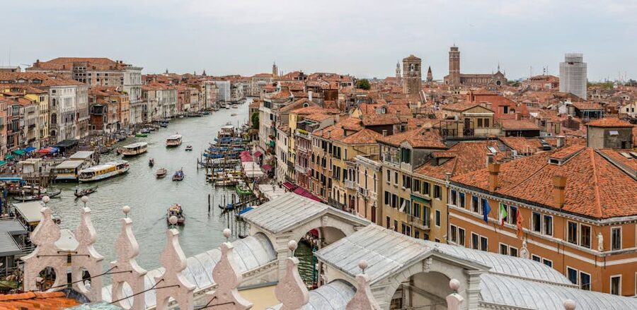 Aerial view of Rialto Bridge and Grand Canal in Venice