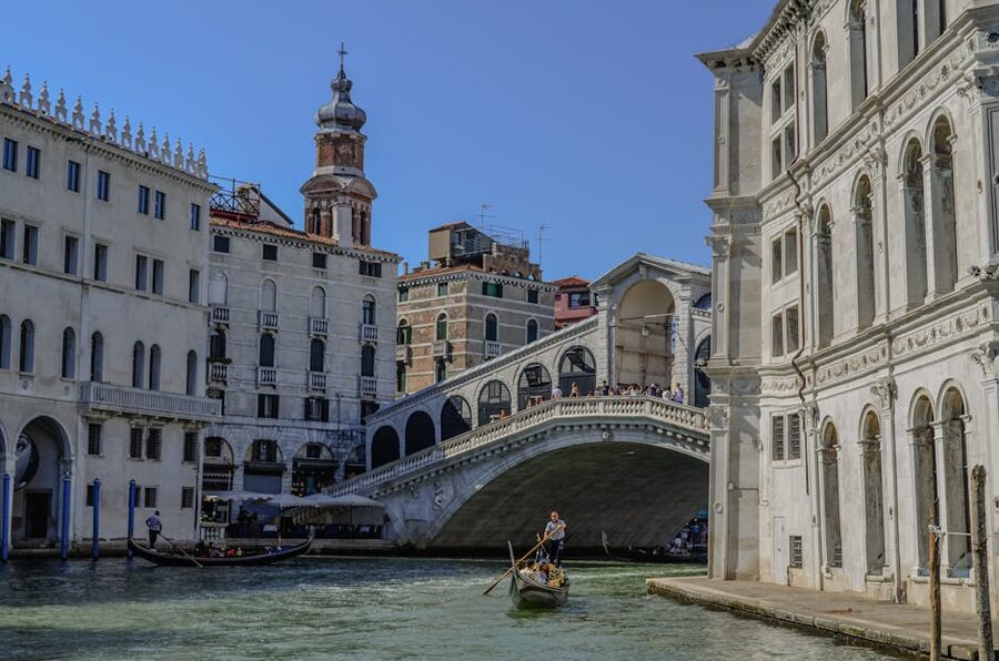 Gondolas near the iconic Rialto Bridge in Venice