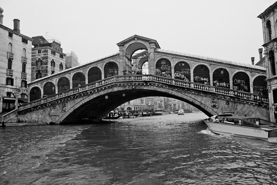 Rialto Bridge with houses lining the Grand Canal