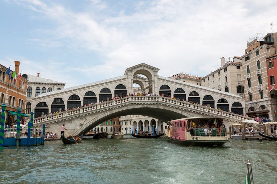 Rialto Bridge over the Grand Canal in Venice on a sunny day