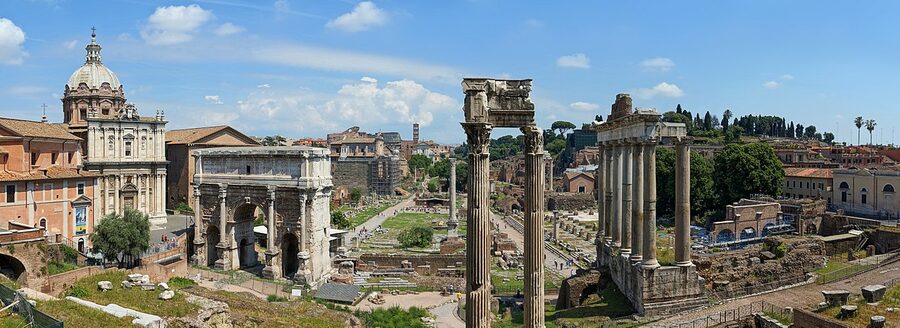 Panoramic view of the Roman Forum from the western end