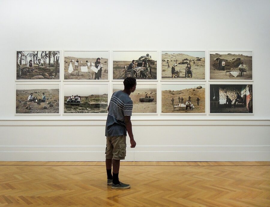 La Galleria Nazionale modern art exhibition with visitors viewing artwork