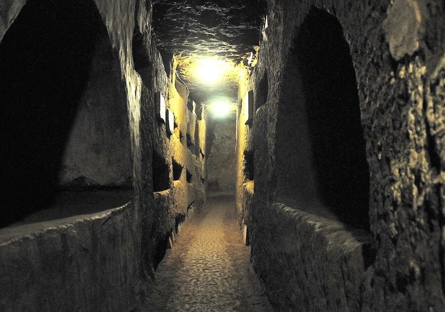 Catacombs of Domitilla underground basilica interior, Rome
