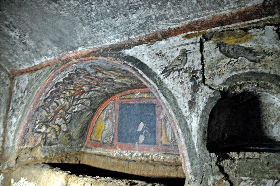 Loculi burial niches in the Catacombs of Domitilla, Rome