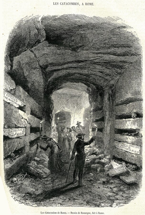 1860s engraving of the Catacombs of Rome from Le Magasin Pittoresque