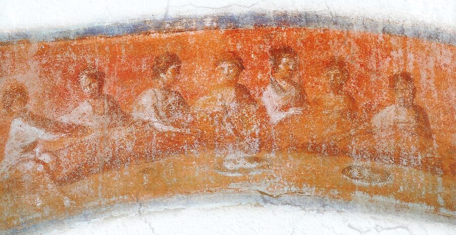 Fractio panis fresco from the Greek Chapel in the Catacombs of Priscilla, Rome