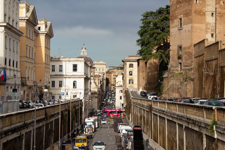 Historic street scene in central Rome with classic architecture
