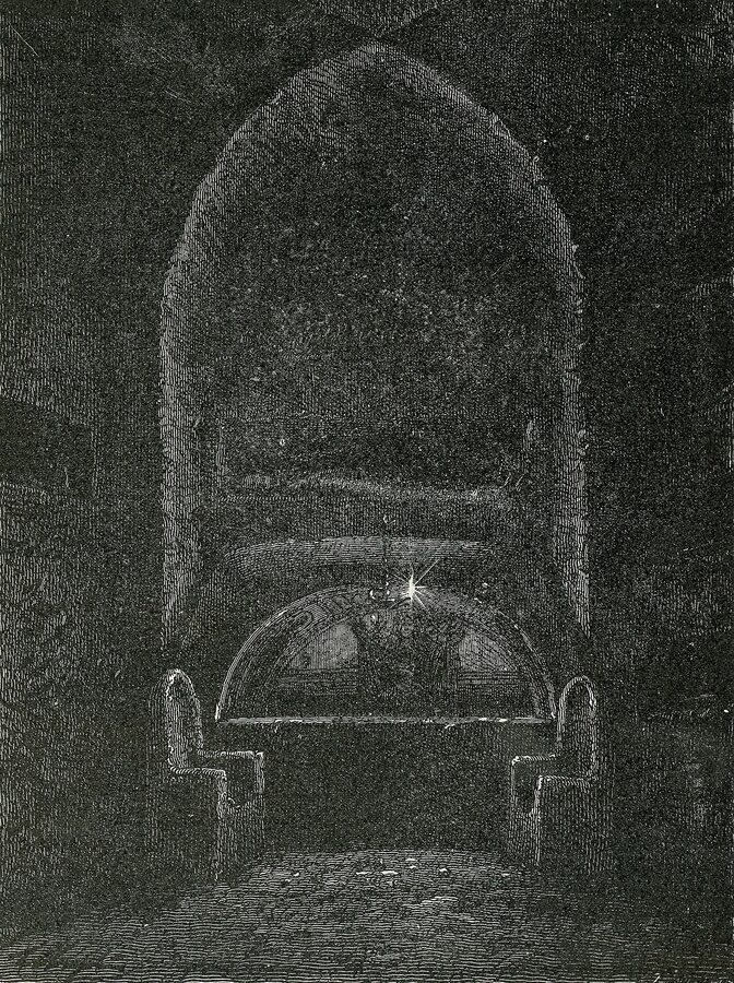 Engraving of altar inside the Catacombs of Sant'Agnese, Rome