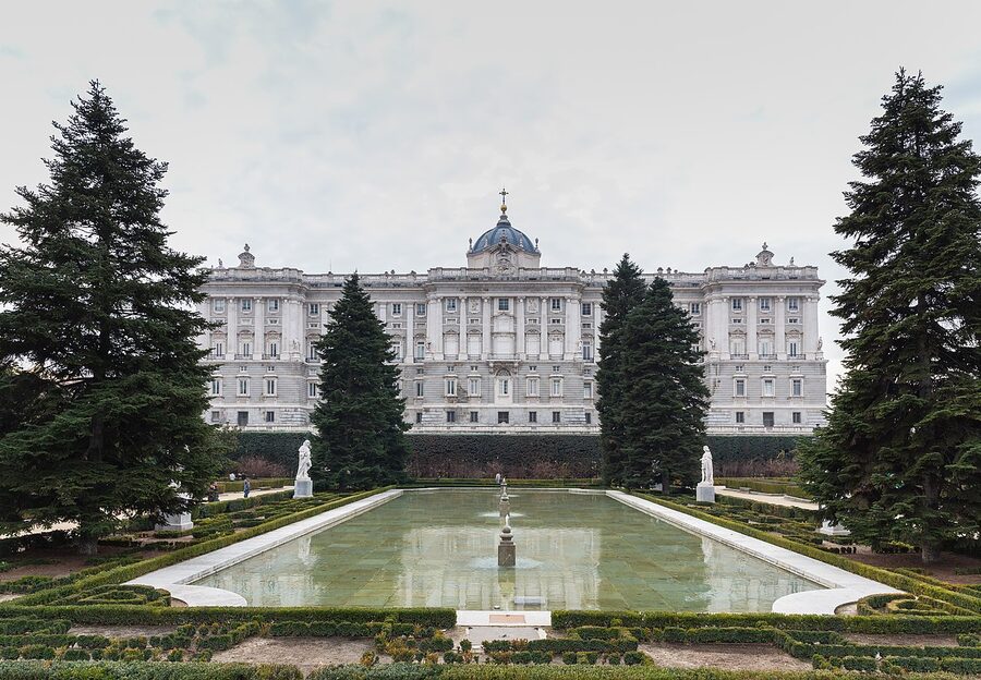 Royal Palace of Madrid aerial view of the building and gardens