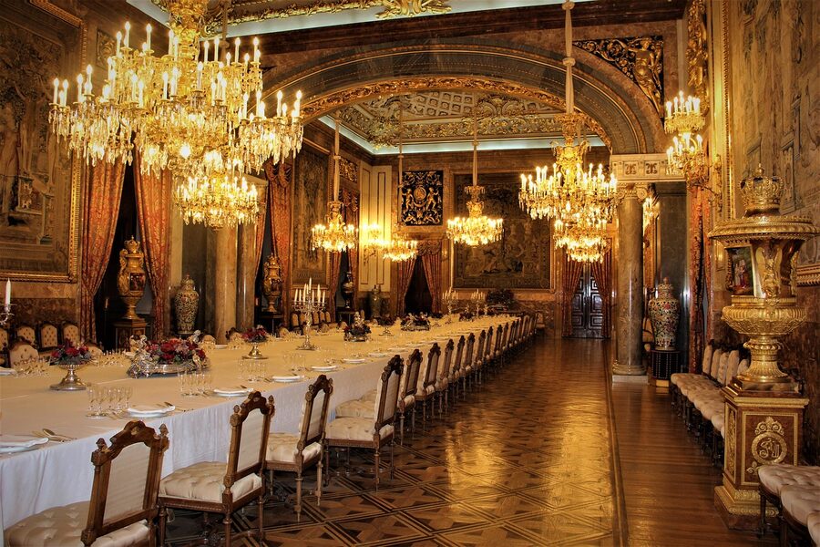 Royal Palace Madrid Gala Dining Room with long banquet table