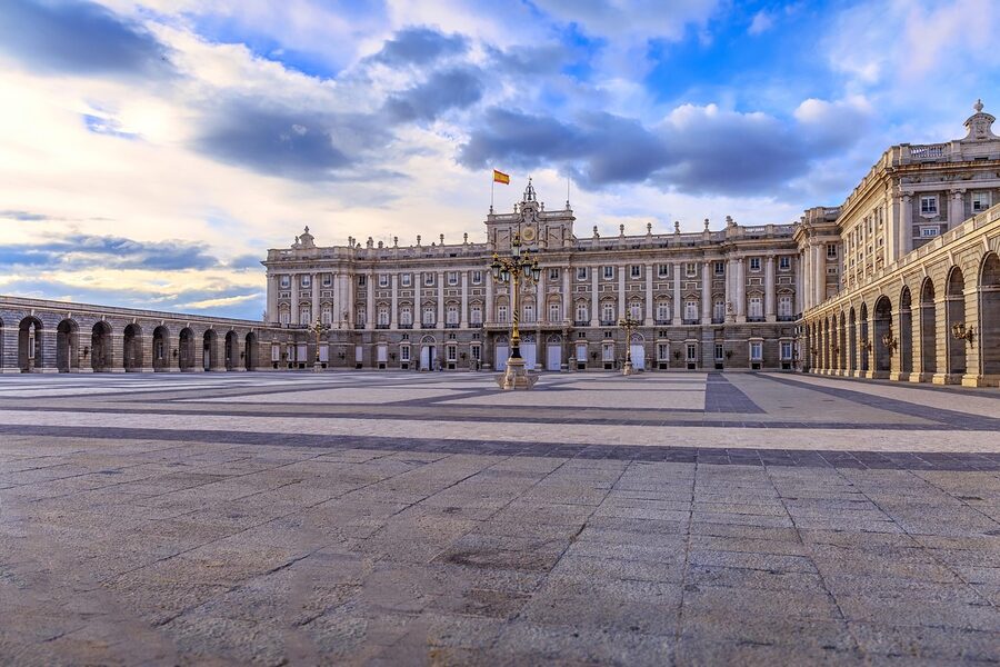 Royal Palace Madrid at sunset with golden light