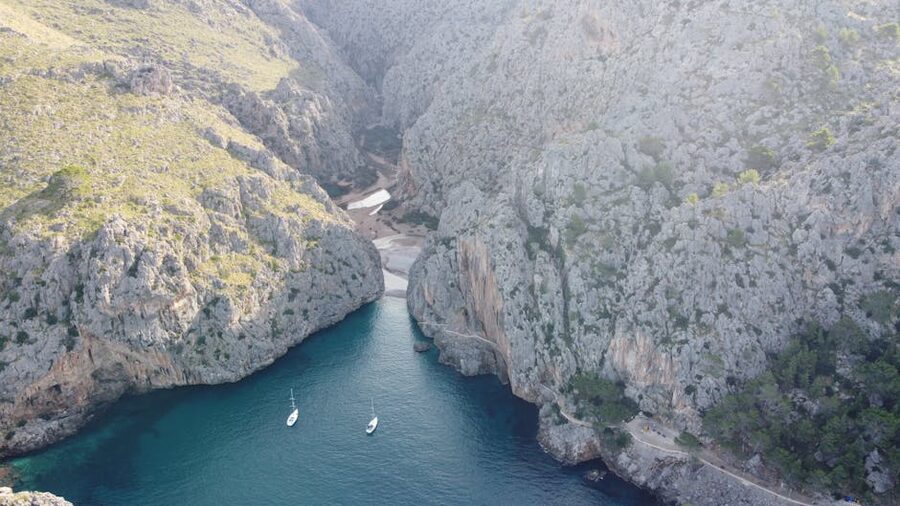 Aerial view of Sa Calobra cliffs and turquoise water in Mallorca