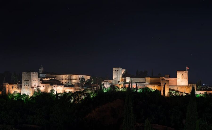 Illuminated Alhambra at night in Granada