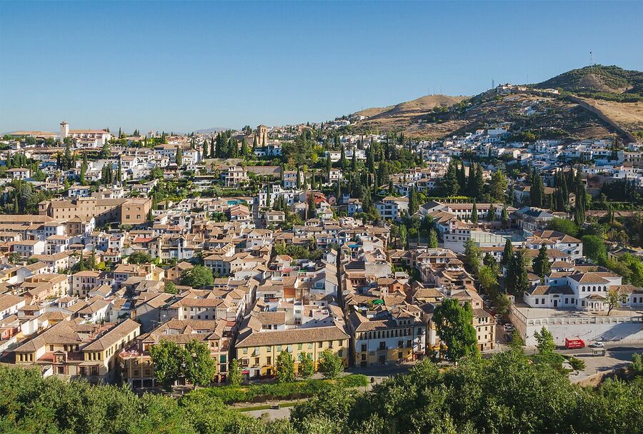 View from Mirador San Nicolas towards the Sacromonte hillside in Granada