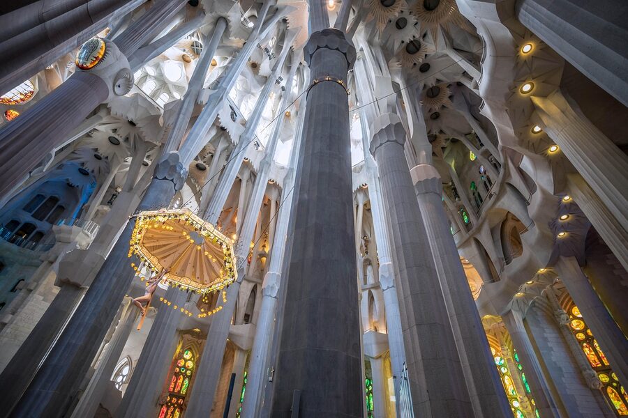 Sagrada Familia interior columns and crucifixion