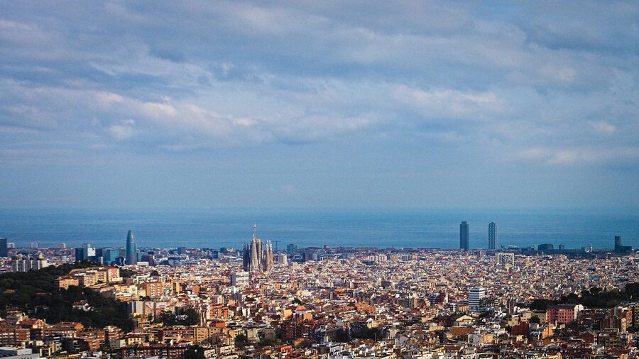 Sagrada Familia seen from a distance over Barcelona