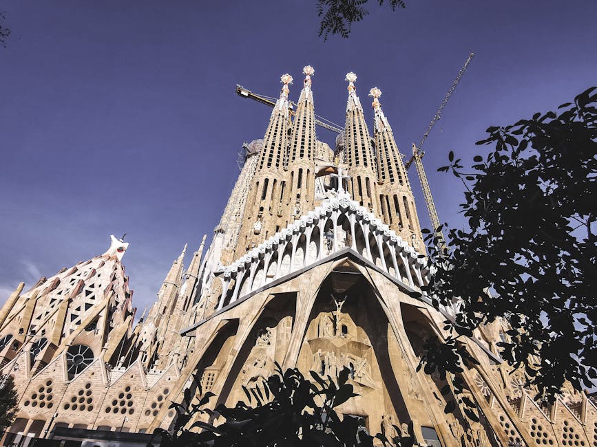 Sagrada Familia spires from below in Barcelona